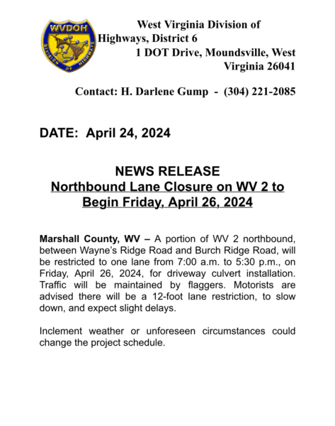 Culvert Construction to Restrict W.Va. 2 North Friday - Lede News